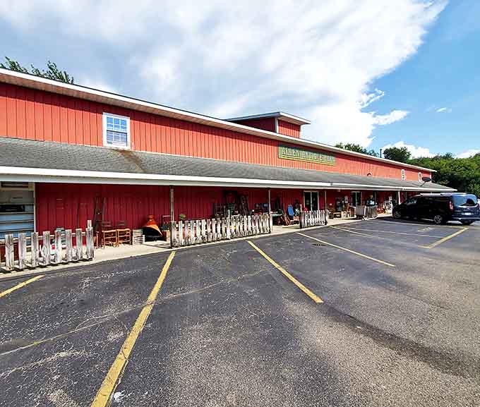 The iconic Allen Antique Barn stands as a beacon for treasure hunters, its weathered red exterior housing countless vintage wonders.