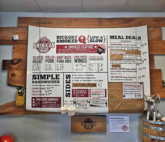 The menu board tells a story of barbecue devotion, with hickory-smoked classics prepared low and slow for maximum flavor.