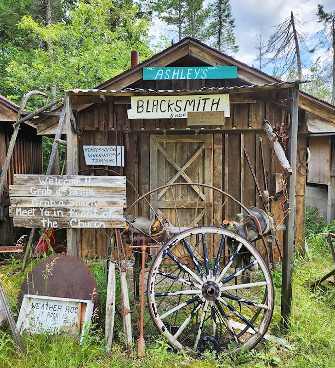 Ashley's Blacksmith Shop looks ready for business! That wagon wheel could tell stories that would make your Tesla blush.