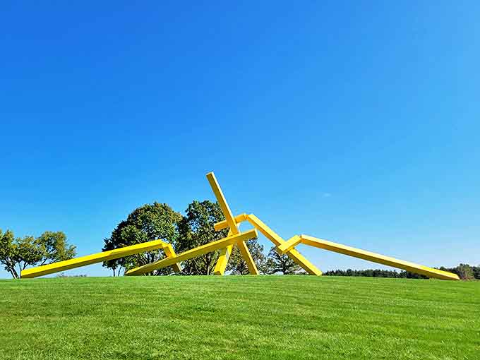 Like massive pick-up sticks frozen mid-fall, this yellow beam sculpture challenges gravity while brightening even the cloudiest Midwestern day.