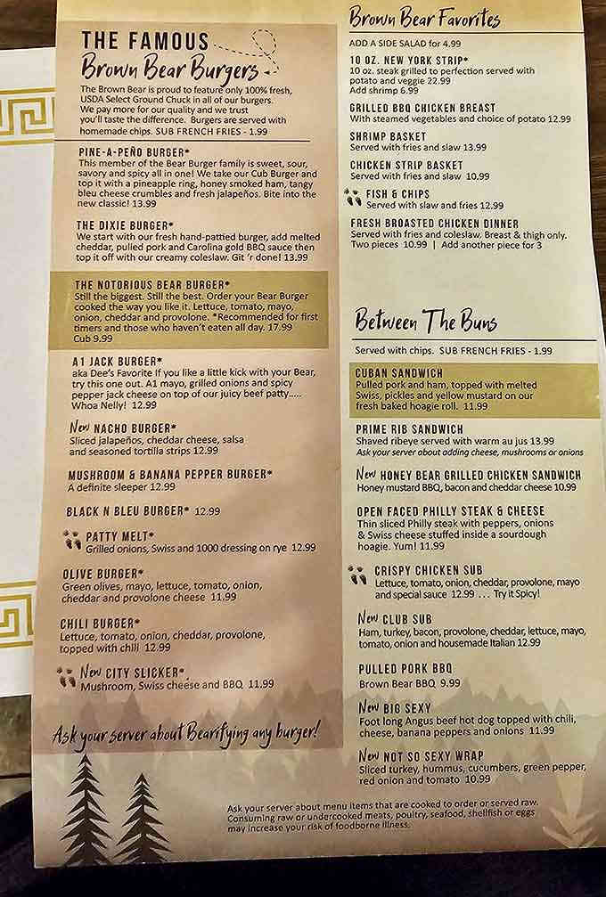 The legendary menu showcases Brown Bear's famous burgers, each with personality as big as their portions. The Notorious Bear Burger isn't just a meal&mdash;it's a challenge!