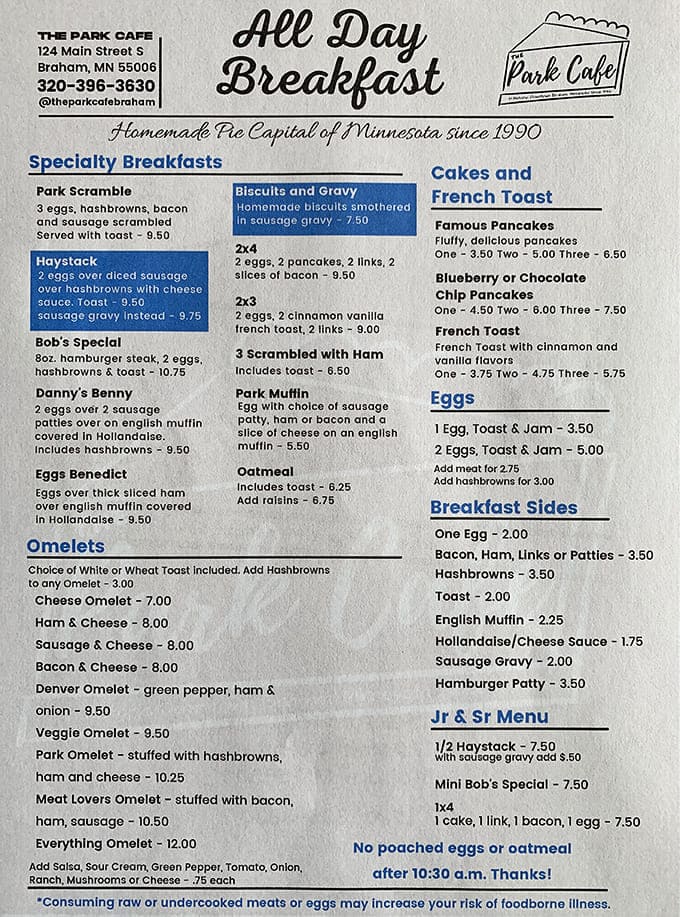 Menu: The breakfast menu reads like a love letter to morning comfort food, with specialties like the Park Scramble and Bob's Special.