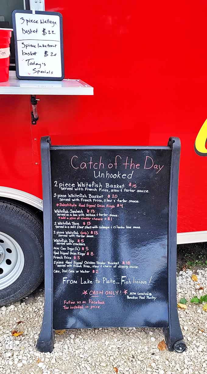 The menu board tells the delicious truth: these aren't just daily specials, they're UP treasures hauled from cold waters to hot oil.