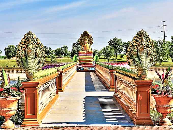 Not just any bridge &ndash; this naga-flanked pathway symbolically transports visitors from Minnesota to Cambodia with each step toward the golden Buddha.