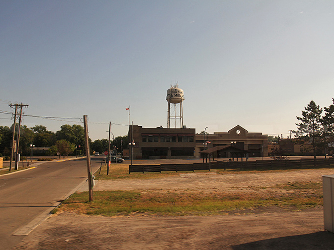 The town's water tower silhouetted against the evening sky &ndash; where else can you find New York in Minnesota?