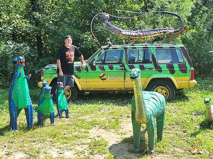 Life finds a way... to be absolutely delightful at this Jurassic Park tribute, complete with handcrafted dinosaurs guarding their territory.