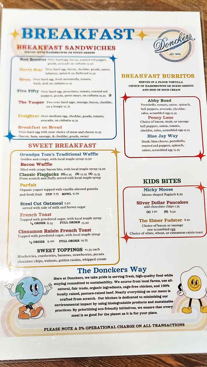 This menu proves breakfast doesn't need to be boring, with options ranging from virtuous parfaits to bacon-studded waffles that understand priorities.