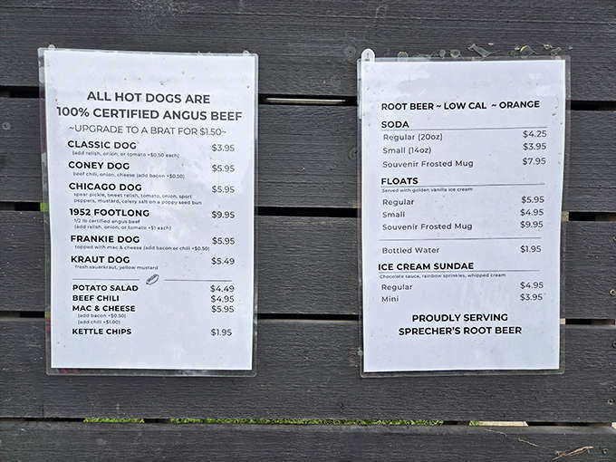 The menu board tells a simple story: quality Angus beef hot dogs, classic sides, and the star attraction &ndash; Sprecher's root beer in various delightful forms.