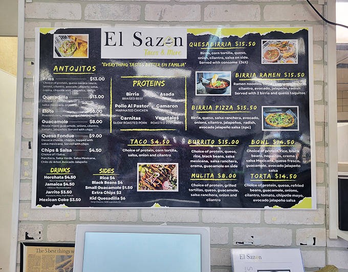 A chalkboard canvas of culinary possibilities &ndash; from antojitos to birria ramen &ndash; each item promising a flavor fiesta worth the detour.