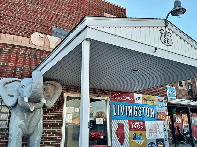 Livingston's answer to the Statue of Liberty: A welcoming elephant statue greets visitors with the subtle charm of a neon pink billboard.