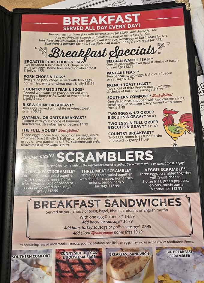 This menu reads like a love letter to breakfast, offering everything from Belgian waffles to scramblers that solve indecision.