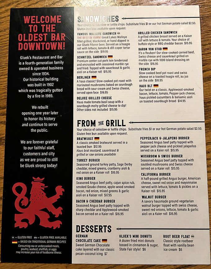 Menu: History you can taste! Gluek's menu celebrates German-American classics while proudly proclaiming its status as downtown's oldest bar.