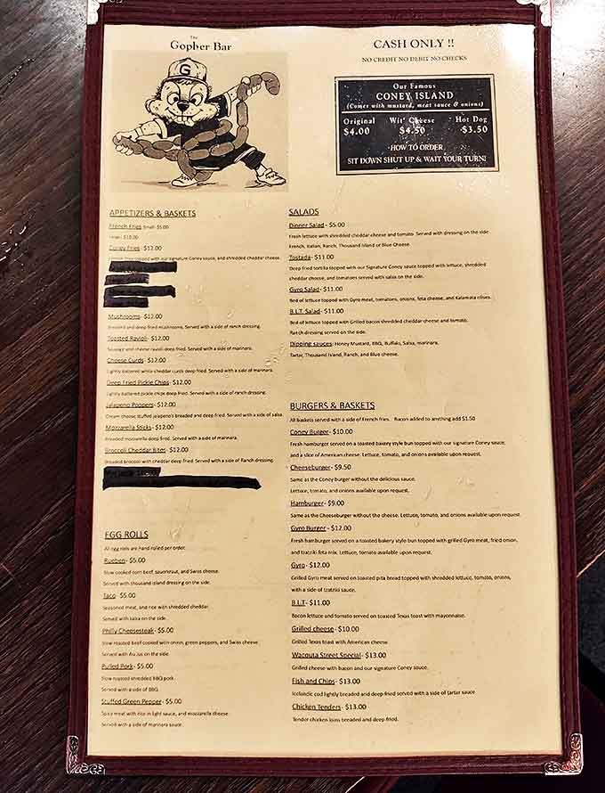 The no-nonsense menu features the legendary Coney Island dogs alongside burgers and sandwiches, with the cartoon gopher mascot setting expectations for delicious simplicity.