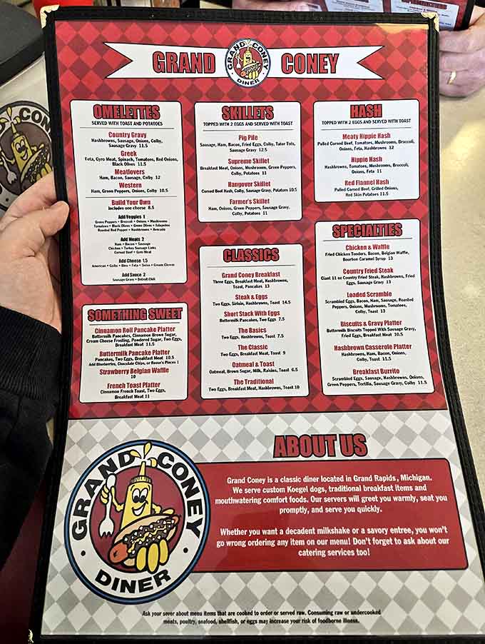 This menu isn't just food options&mdash;it's a roadmap to happiness with omelettes, skillets, and sweet treats that'll make your heart sing.