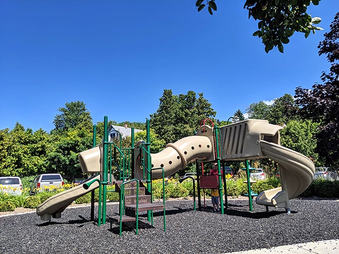 Little adventurers conquer the playground at Harborside Park while parents soak in Eagle Harbor's tranquil blue waters.
