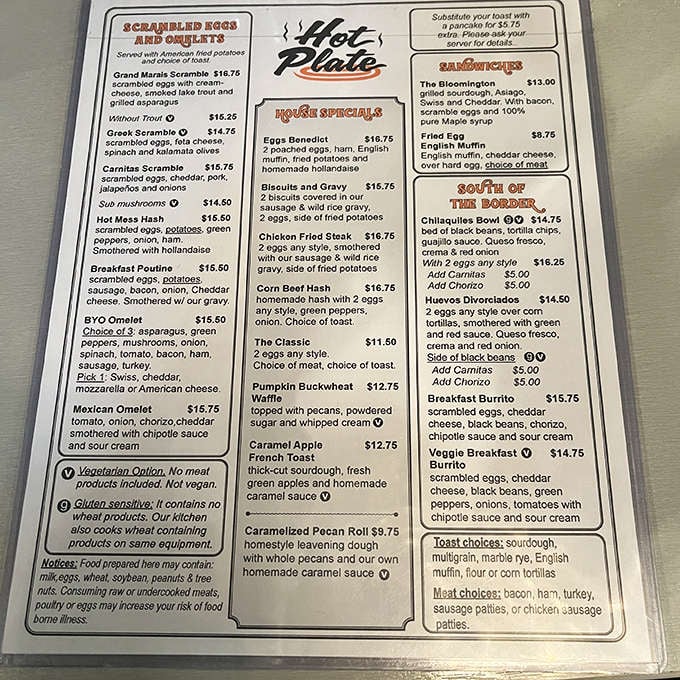 The menu reads like a love letter to breakfast classics with creative Minnesota twists. Just try to choose between the Grand Marais Scramble and that legendary Corn Beef Hash!