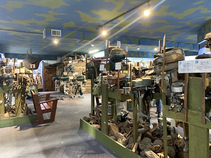 Inside the belly of the beast, vintage outboard motors and fishing equipment tell the story of freshwater angling history.