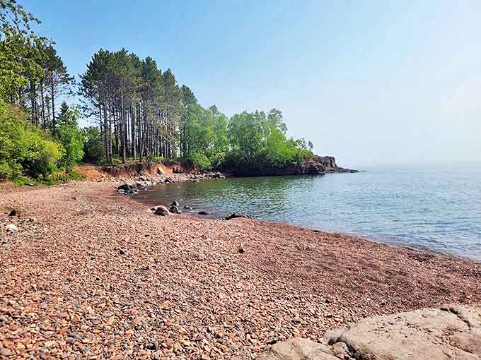 Thousands of smooth, pink stones create nature's own mosaic along the water's edge at Iona's Beach.
