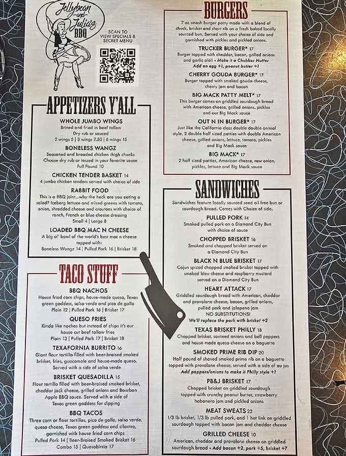 A roadmap to flavor town with "Appetizers Y'all" leading to brisket paradise &ndash; decisions that will deliciously haunt you.