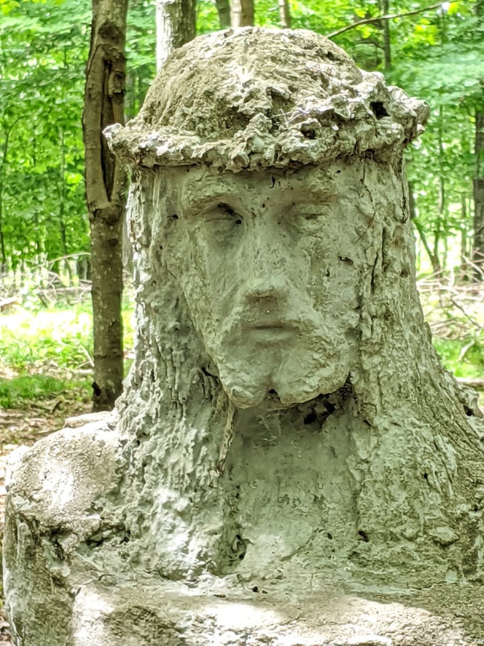 The weathered face of Jesus gazes thoughtfully through the forest, his concrete crown of thorns softened by years of Wisconsin seasons.