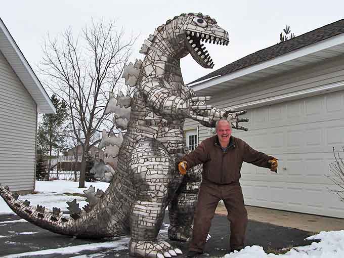 Godzilla gets the scrap metal treatment! This towering reptilian creation proves that one person's junk is another's prehistoric masterpiece.
