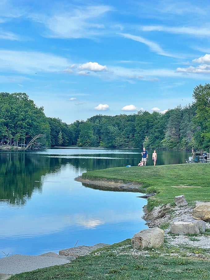 The lake sits there looking all peaceful and inviting, basically daring you not to jump in or at least dip your toes.