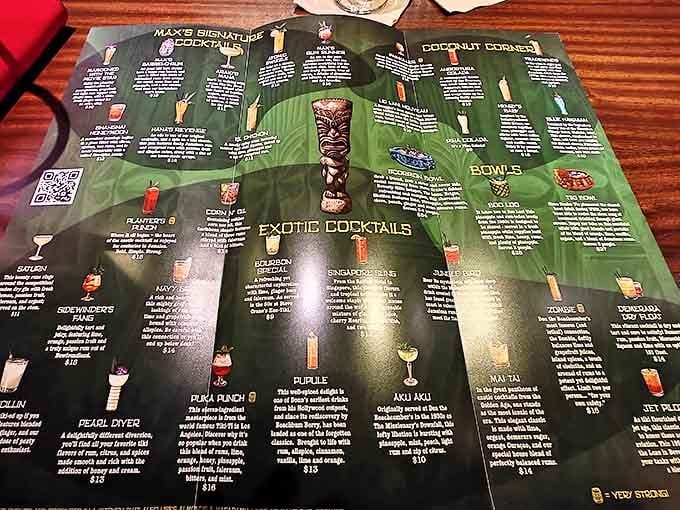 The extensive cocktail menu showcases exotic concoctions served in custom tiki mugs—liquid vacations that double as visual masterpieces.