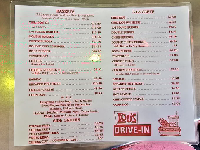 Lou's menu board – a masterpiece of simplicity where every item delivers exactly what it promises, no food dictionary required.