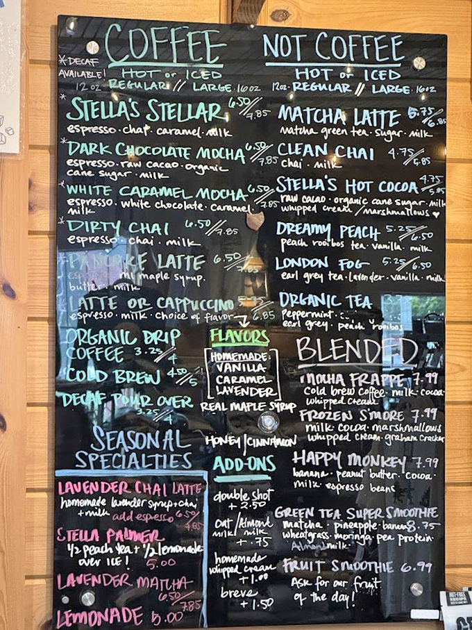 The chalkboard menu reads like a love letter to coffee enthusiasts, with creative concoctions from "Stella's Stellar" espresso to lavender-infused chai lattes.