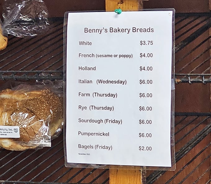 Menu: The bread schedule at Benny's reads like a weekly calendar of carb-centric holidays, with special varieties making scheduled appearances.