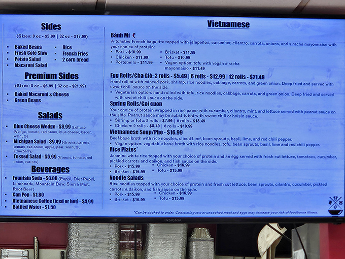 The menu board reads like a delicious identity crisis &ndash; barbecue classics sharing space with Vietnamese favorites in perfect harmony.