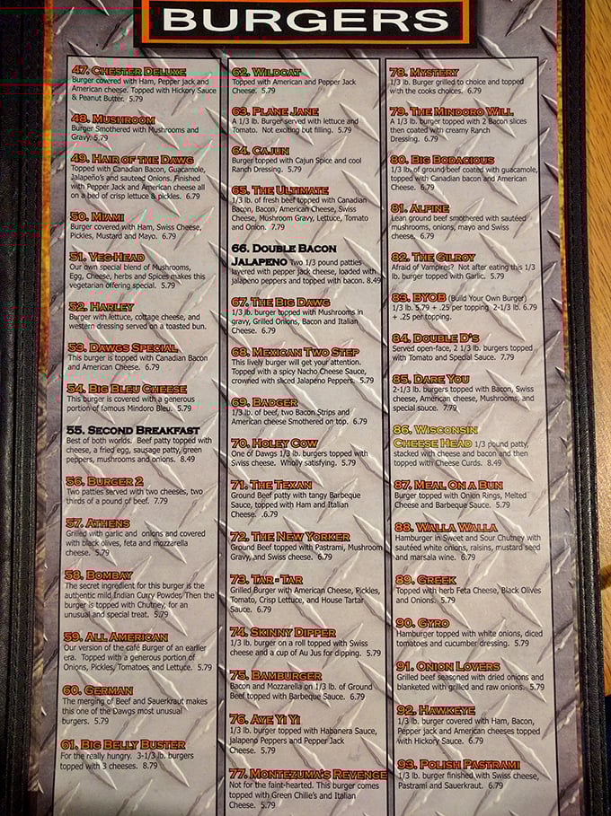 Burger menu heaven! With 108 options ranging from "Chester" to "Montezuma's Revenge," decision paralysis has never been so delicious.
