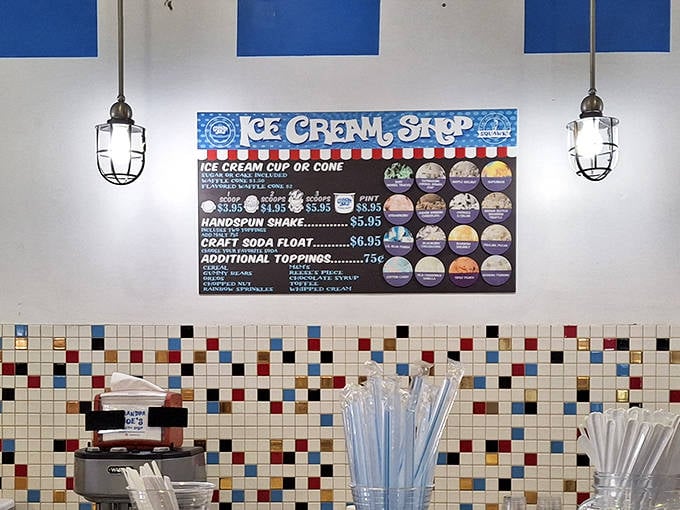 The ice cream shop menu promises cold, creamy delights that pair perfectly with an afternoon of serious candy selection.