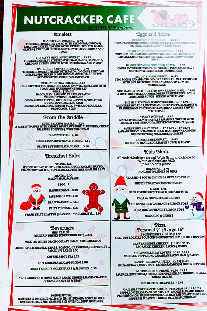 The festively designed menu reads like a love letter to breakfast classics, with playful holiday-themed names that make ordering part of the fun.