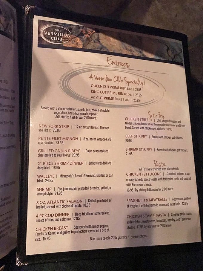 The menu reads like a love letter to comfort food, with prime rib stealing the spotlight as the house specialty.