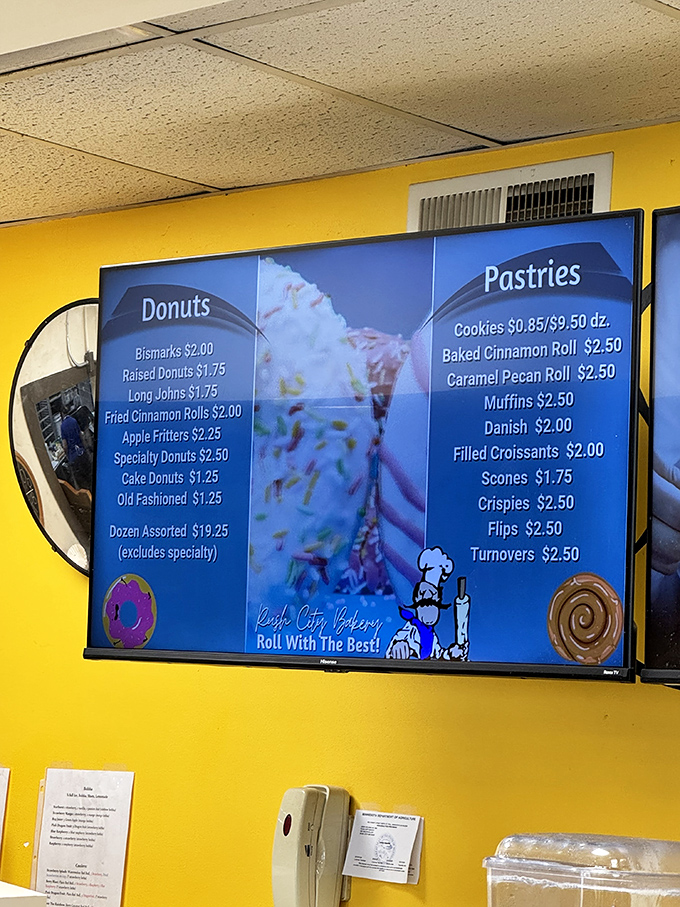 The digital menu board showcases an impressive array of donuts and pastries, from classic bismarcks to specialty treats.