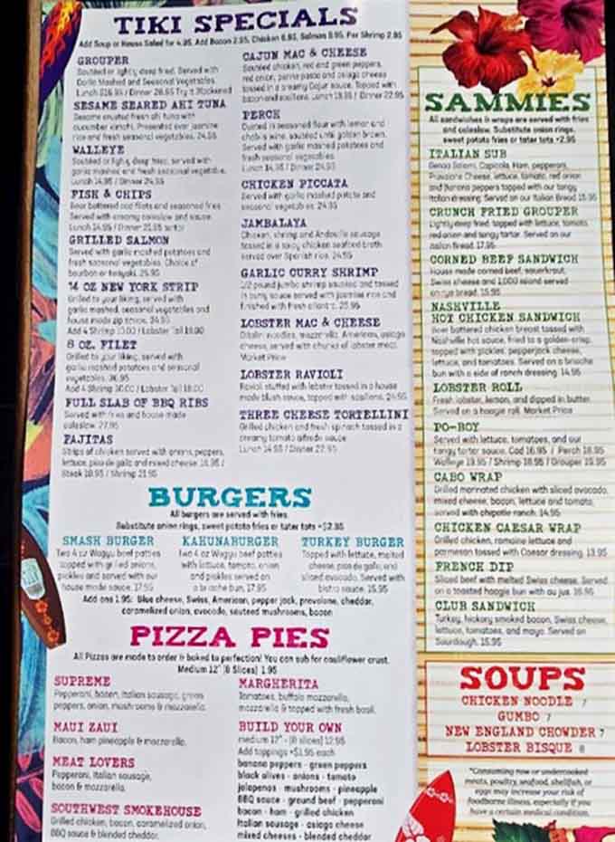 The menu reads like a coastal dream sequence &ndash; from Cajun-spiced seafood boils to tropical burgers and creative pasta dishes for every appetite.