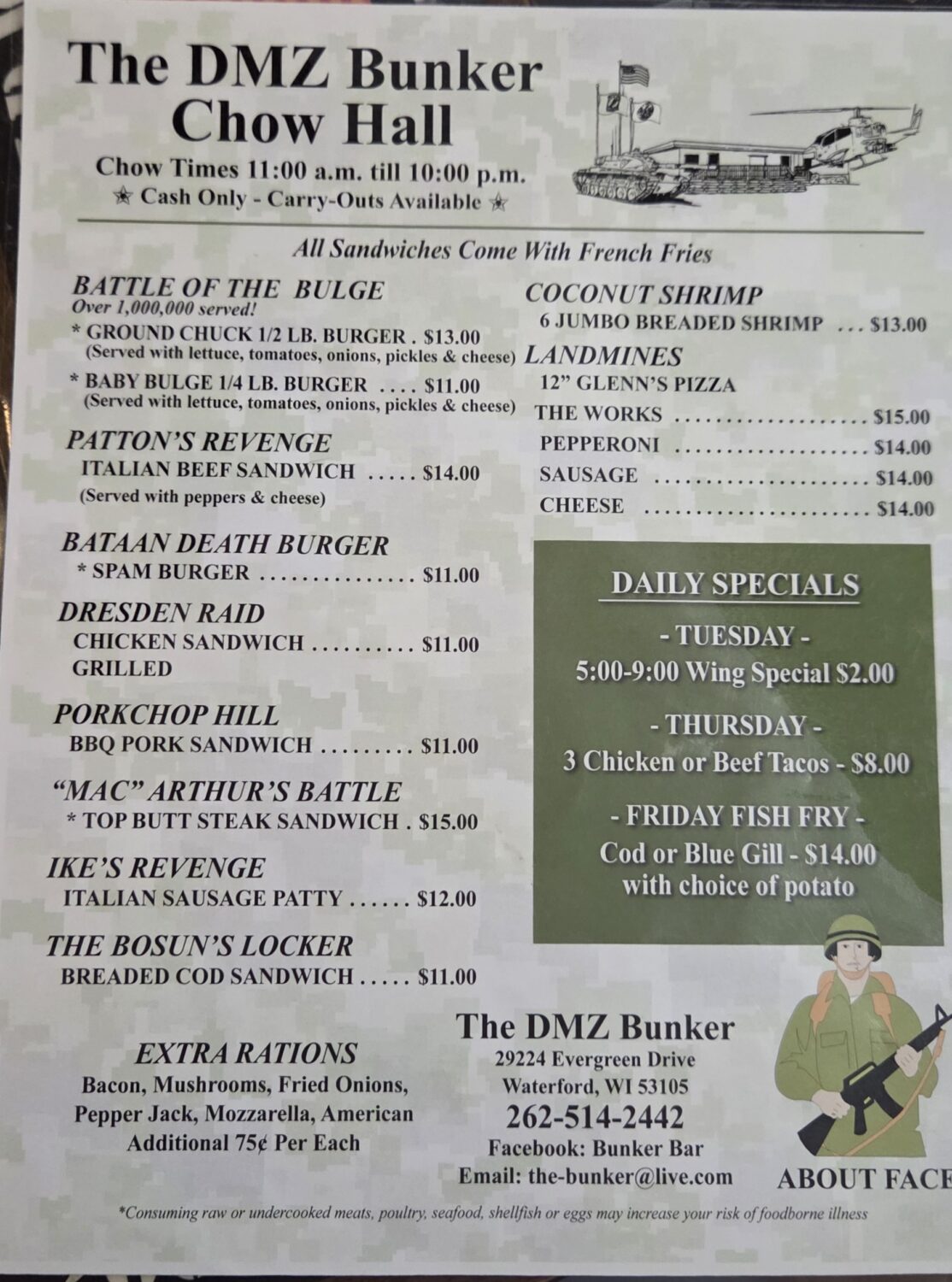 The menu reads like a military history book with delicious consequences &ndash; from the Battle of the Bulge burger to Patton's Revenge Italian beef.