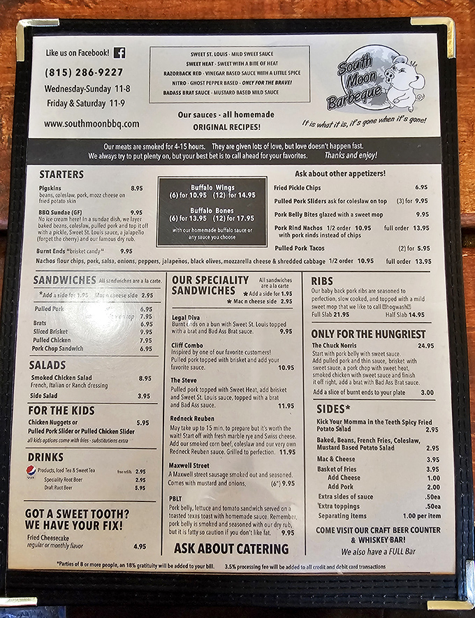 The menu board reads like a love letter to smoked meat, with homemade sauces ranging from sweet St. Louis to the daredevil "Nitro."