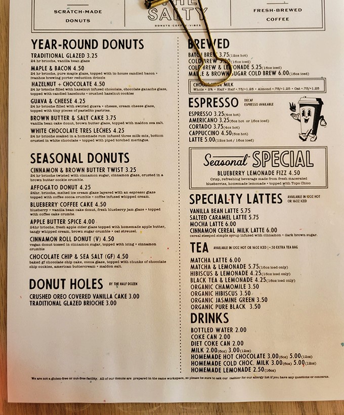 The menu reads like a love letter to donut innovation &ndash; seasonal offerings and signature creations that transform the humble pastry into culinary art.