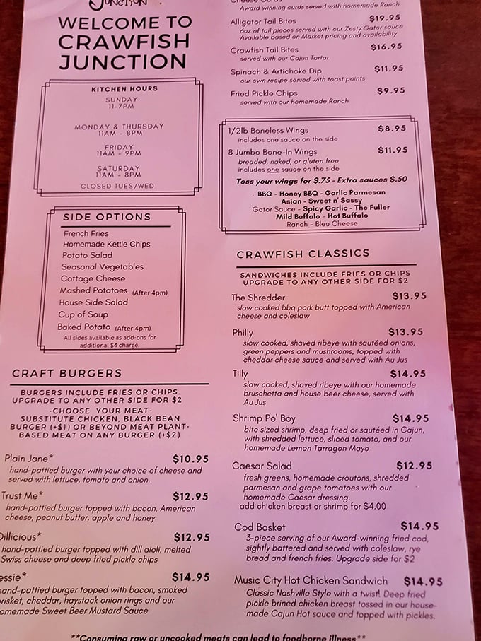 The menu at Crawfish Junction reads like a love letter to comfort food, with unexpected twists that keep locals coming back.