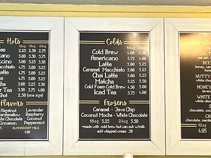 The menu board tempts with an array of coffee creations and specialty drinks&mdash;each one the perfect companion to your breakfast indulgence.