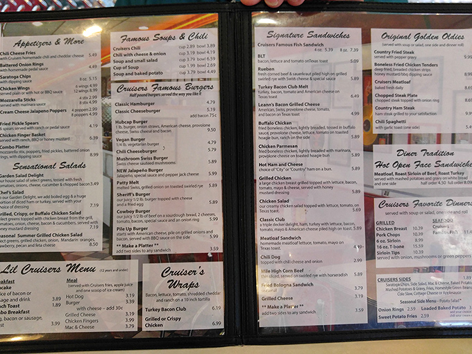 The menu at Cruisers reads like a love letter to American classics &ndash; burgers, sandwiches, and breakfast favorites that grandmother would approve.