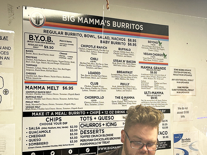 Menu: The wall-mounted menu board &ndash; a treasure map where X marks the spot for your next favorite meal. Choose wisely, hungry traveler.