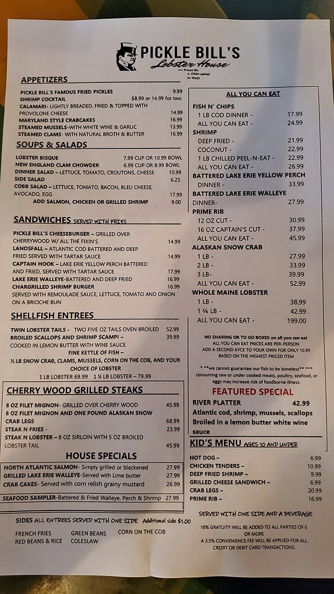 A treasure map of oceanic delights – from twin lobster tails to Lake Erie perch, this menu requires both strategy and an empty stomach.