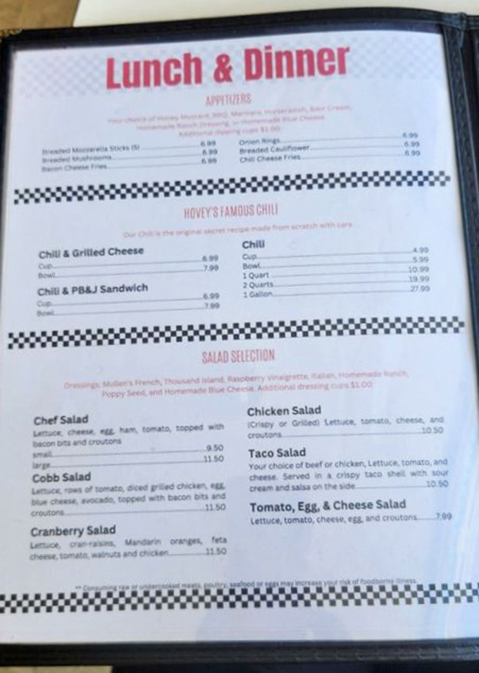 The menu showcases Hovey's famous chili &ndash; made from scratch with a secret recipe that locals have tried (and failed) to duplicate for generations.