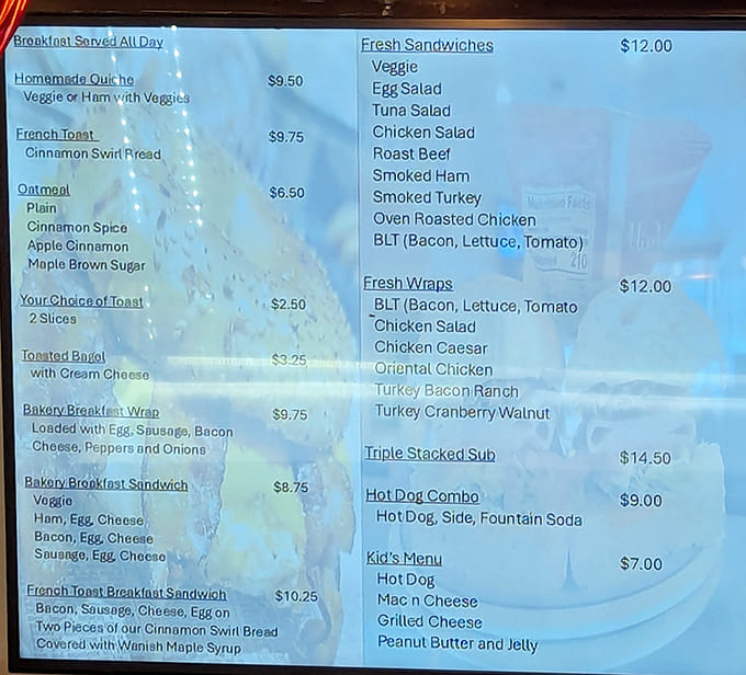 The menu board reveals the day's temptations, from breakfast sandwiches to wraps, proving that Hanisch is serious about feeding you well beyond just the sweets.