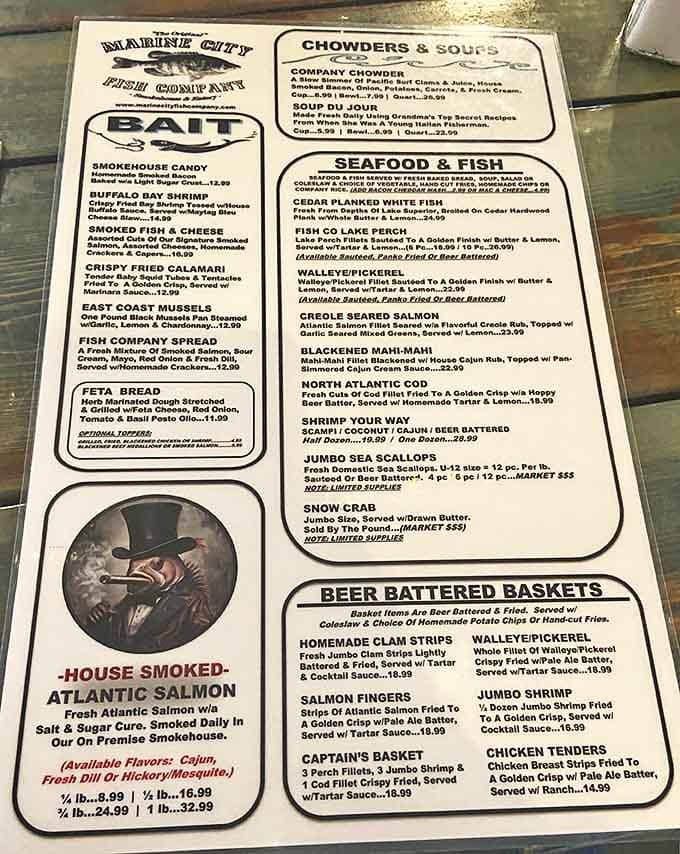 The menu reads like a love letter to seafood enthusiasts &ndash; "BAIT" section tempts with smokehouse candy and fried calamari, while chowders and fresh catches promise oceanic bliss.
