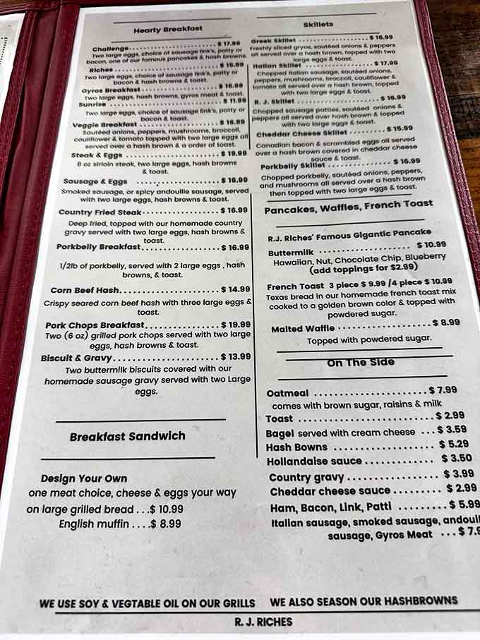 The menu at R.J. Riches reads like a love letter to breakfast enthusiasts, with options that range from "hearty" to "you might need help carrying this to your car."