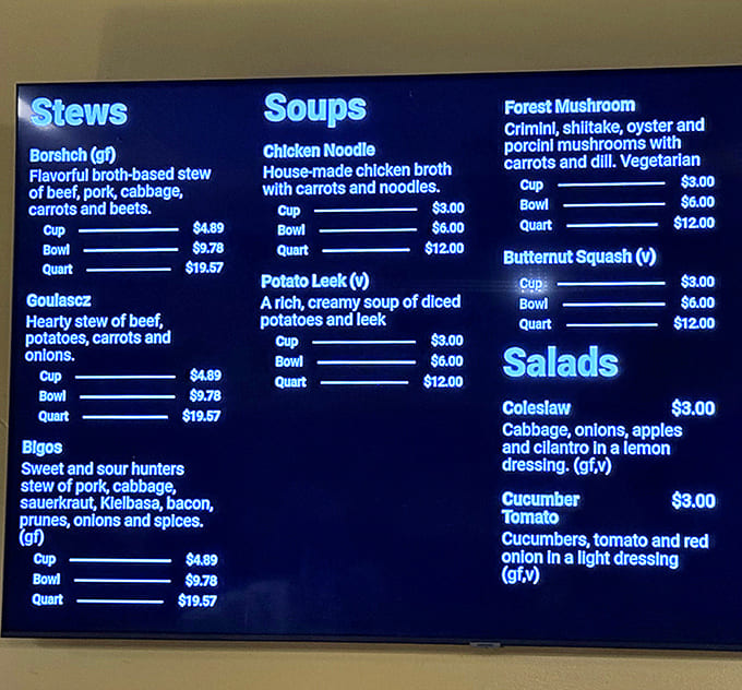 The menu board tempts with hearty Eastern European classics &ndash; from borscht to goulasz, each promising a comforting culinary journey.